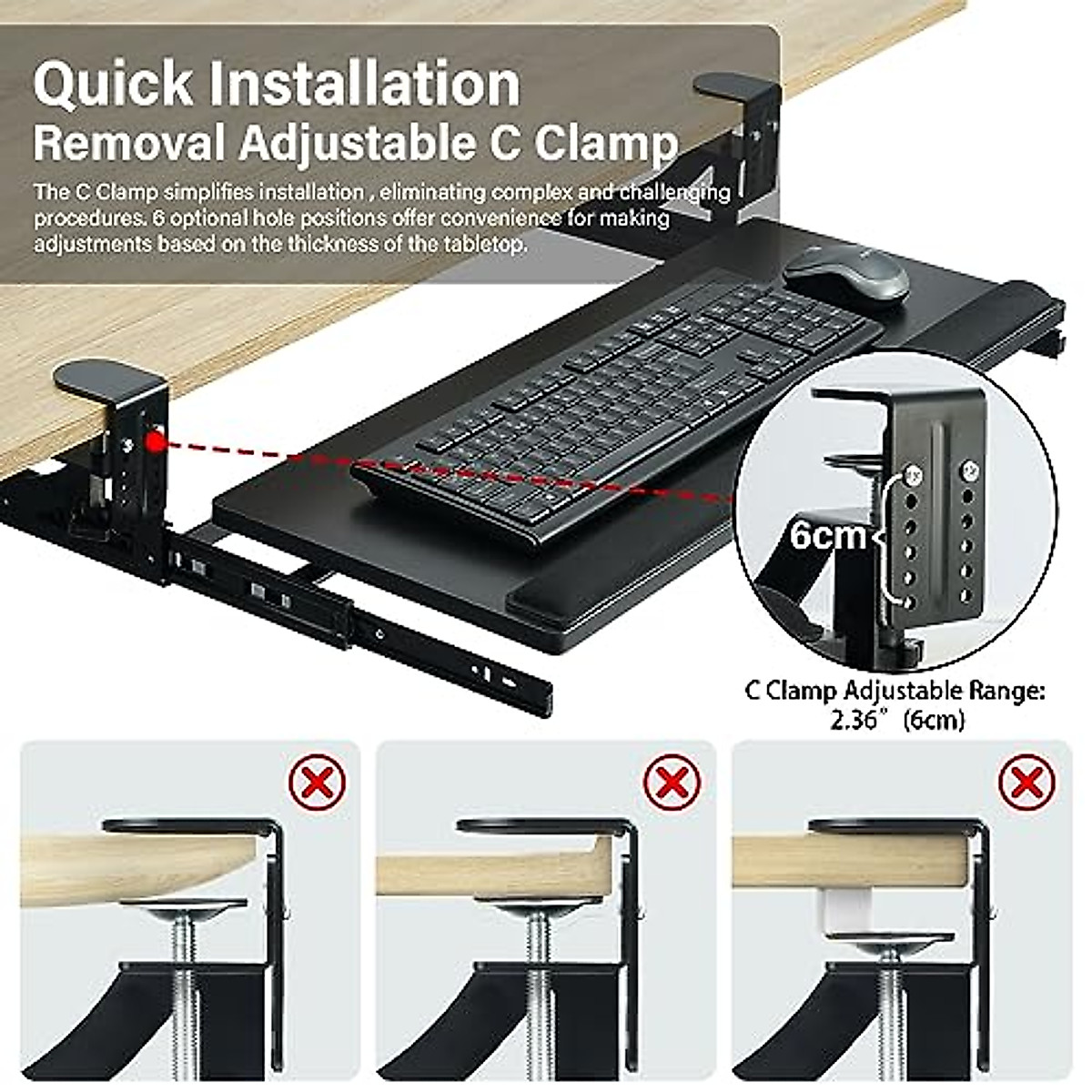 TOPSKY Adjustable Under-Desk Keyboard Tray, 26.8”x11” Pull Out Keyboard and Mouse Tray with Tilted Mechanism and C Clamp for Home and Office (Black)