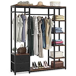 Tribesigns Freestanding Closet Organizer with 2 Drawers, 59 inch Heavy Duty Clothes Garment Rack with Shelves and Double Hanging Rod, Metal Clothing Rack Wardrobe for Bedroom, Rustic Brown