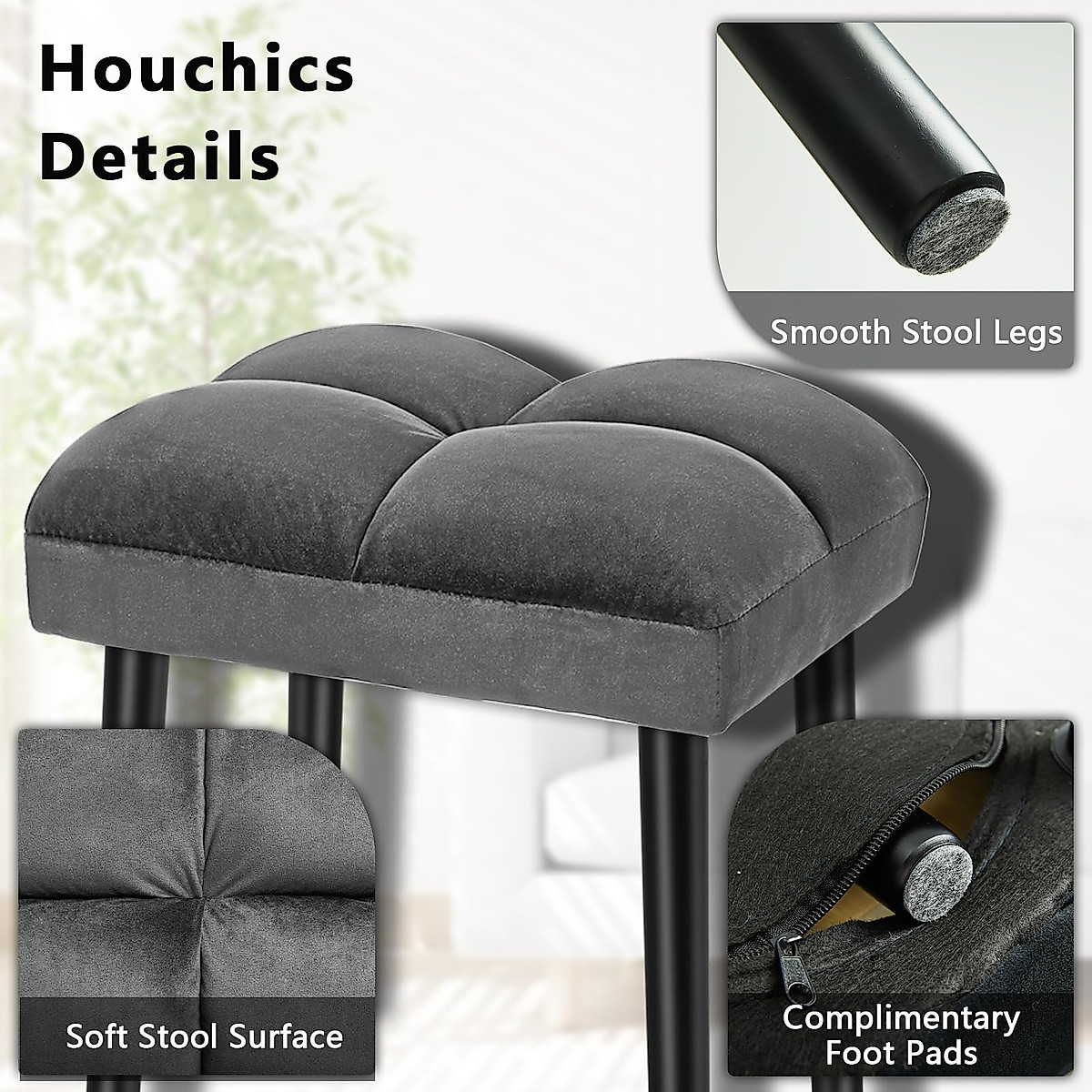 HOUCHICS Gray Vanity Stool Ottoman Stool, Square Makeup Stool with Wooden Legs, Small Ottoman Stool Chair for Vanity, Modern Padded Sofa Seat Foot Rest Stool(Gray)