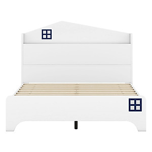 Full Bed with Storage Headboard, Wood Platform Bed with House Shaped Headboard, Kid Low Bed Frame with Shelf and Slats Support, No Box Spring Needed, White