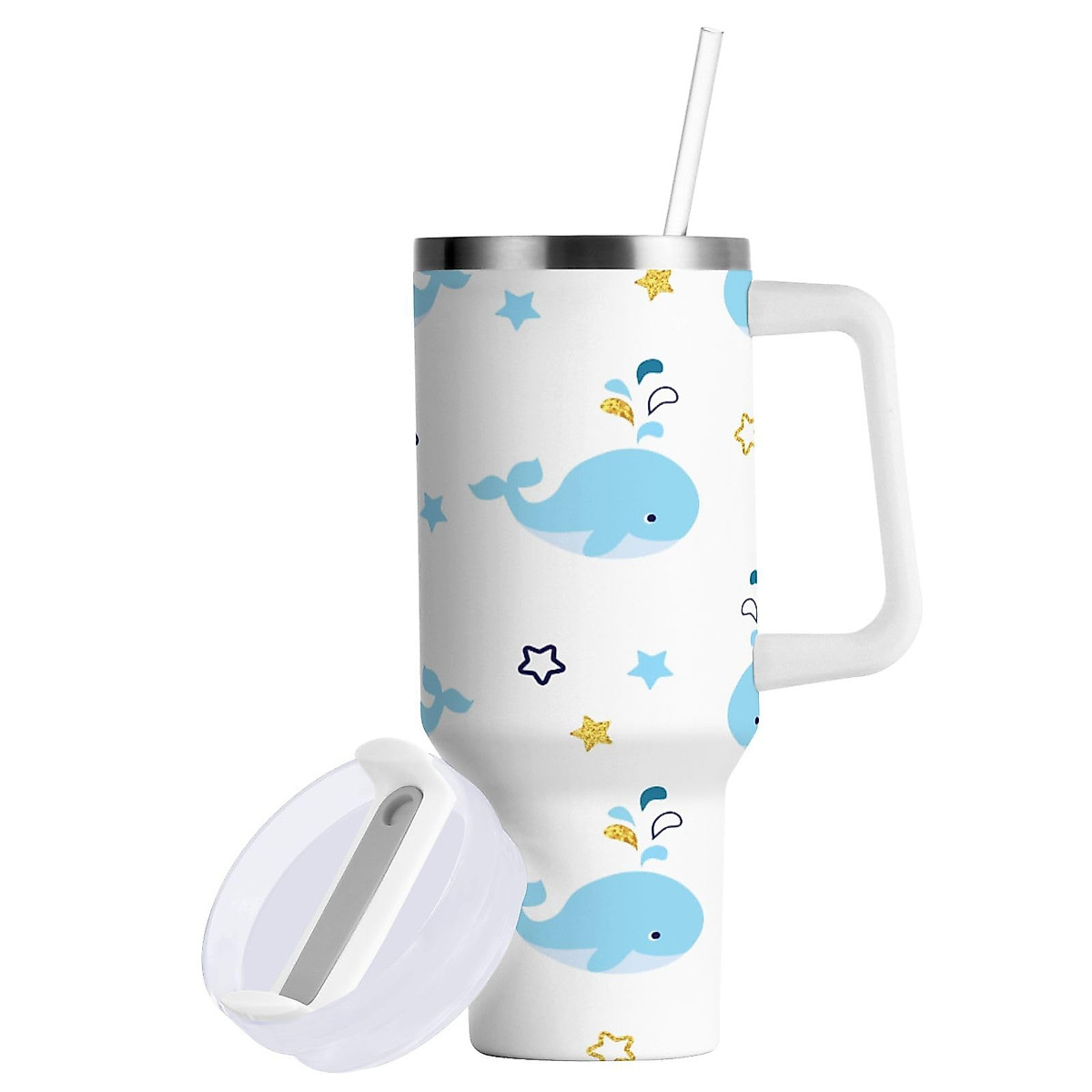 Burbuja Cute Blue Whales 40oz Insulated Tumblers with Handle and Straw Lid, Double Wall Stainless Steel Travel Mug Leak-Proof, BPA Free, Gift for Mom Dad