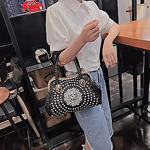 Diamond Handbags for Women Purses Hobo Tote Bag Crossbody Bag genuine Leather Fashion Top Handle Satchel Evening Bags (Black)