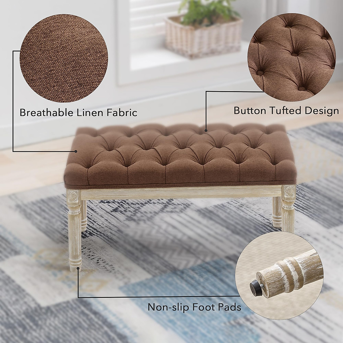LOULENS French Vintage Bench, Linen Fabric Entryway Bench, Upholstered Tufted End of Bed Bench with Brushed Wood Legs, Brown