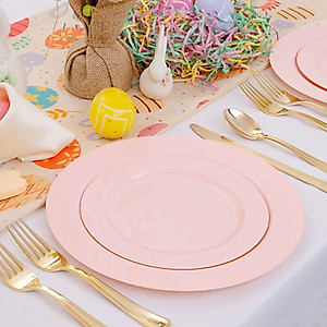FLOWERCAT 60PCS Pink Plastic Plates - Heavy Duty Pink Plates Disposable for Party/Mother's Day/Wedding/Easter - Include 30PCS 10.25inch Pink Dinner Plates and 30PCS 7.5inch Pink Dessert/Salad Plates