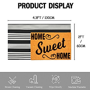 Striped Rug Outdoor Porch Rug Black Striped 23.5x51 inches Washable Layered Outdoor Doormat Front Door Mat Cotton Striped Outdoor Rug for Front Door Entryway Patio Laundry Kitchen