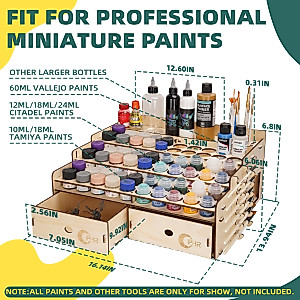 OPHIR Wooden Paint Organizer, Miniature Paint Holder Storage Rack for 60 Acrylic Model Paint Bottles with 2 Drawers, 2 Painting Handle, 25 Paint Brush Holes and 1 Brush Holder for Miniature Paint Set