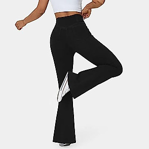 Sukilimiy Women Ultra High Rise Stretch Flare Jeans High Waisted Crossover Knit Denim Flare Pants with Pockets Casual Bootcut Jeans Tummy Control Bootleg Yoga Pants Workout Bell Bottom Leggings