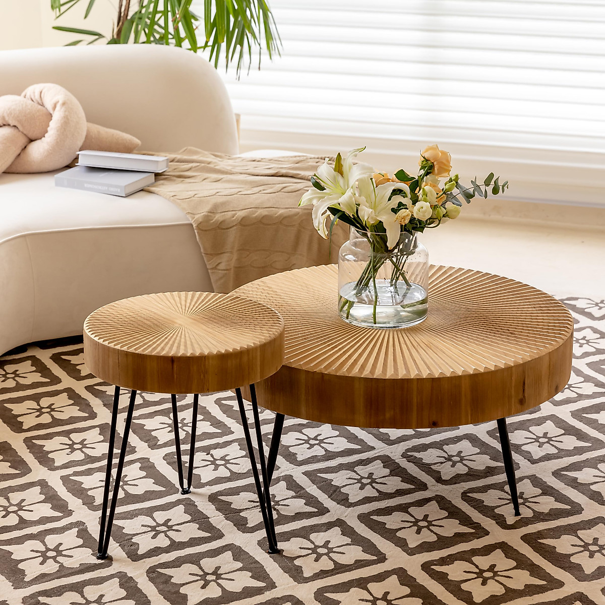 COZAYH 2-Piece Modern Farmhouse Living Room Coffee Table Set, Nesting Table Round Natural Finish with Handcrafted Wood Radial Pattern