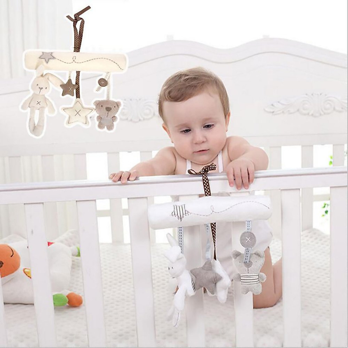 NeatoTek Baby Hanging Rattle Toys Soft Baby Music Plush Activity Crib Stroller Toys Rabbit Star Shape for Toddlers Baby Girls Baby Boys