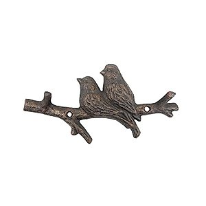 Handcrafted Nautical Decor Rustic Copper Cast Iron Birds on Branch Decorative Metal Wall Hooks 8"