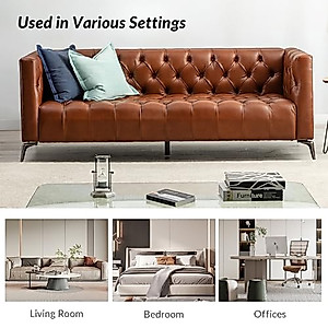 HULALA HOME 85" W Genuine Leather Sofa Couch with Metal Legs, Button-Tufted 3-Seater Sofa with Square Arms, Mid Century Modern Upholstered Couch for Living Room, Bedroom, Apartment, Brown