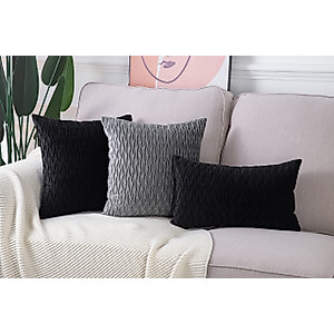 MADIZZ Set of 2 Super Soft Velvet Decorative Throw Pillow Covers 18x18 inch Black Square with Texture Luxury Style Cushion Case Pillow Shell for Sofa Bedroom