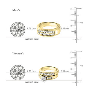 Dazzlingrock Collection 0.95 Carat Round White Diamond Flower Cluster Trio Ring Set for Women & Men in 14K Yellow Gold, W-7 and M-10