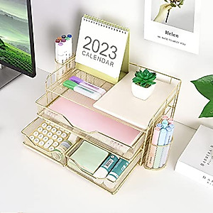 gianotter 3 Tier Desk Drawer Organizer, Office Desk Organizers and Accessories with 2 Pen Holder, Desk Accessories & Workspace Organizers for Home Office Supplies (Gold)