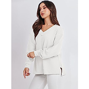ANRABESS Women Long Sleeve Fall Shirt V Neck Off Shoulder Sweatshirt Ribbed Knit Pullover Sweater Loose Fit High Low Tunic Tops 2023 Trendy Clothes A1069baise-M White