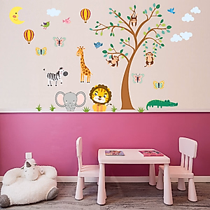 AnFigure Forest Animal Wall Stickers Giraffe Elephant Lion Wall Decals Monkey Tree Wall Stickers for Kids Girls Boy Baby Room Nursery Playroom Daycare Bedroom Kindergarten Wall Decor