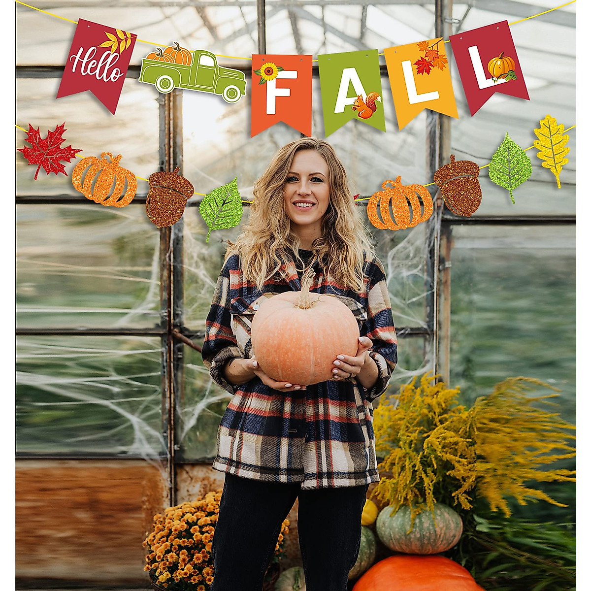 CAVLA Hello Fall Banner and Glittery Maple Leaves Pumpkin Acorns Patterns Banner Autumn Harvest Bunting Banner with Pumpkin Truck Signs Fall Thanksgiving Party Banner for Wall Mantel Fireplace Party