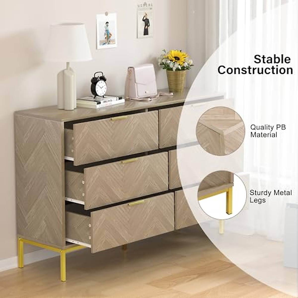 Anmytek 6-Drawer Double Dresser for Bedroom Large Nightstand, Modern Closet Dressers Chest of Drawers with Wood 6 Drawer Storage Cabinet Dresser, Storage Organizer Cabinet for Nursery