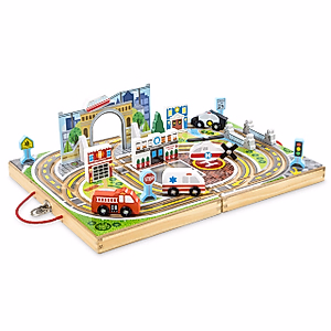 Melissa & Doug 18-Piece Wooden Take-Along Tabletop Town, 4 Rescue Vehicles, Play Pieces, Bridge , 15.4 x 11.0 x 2.6