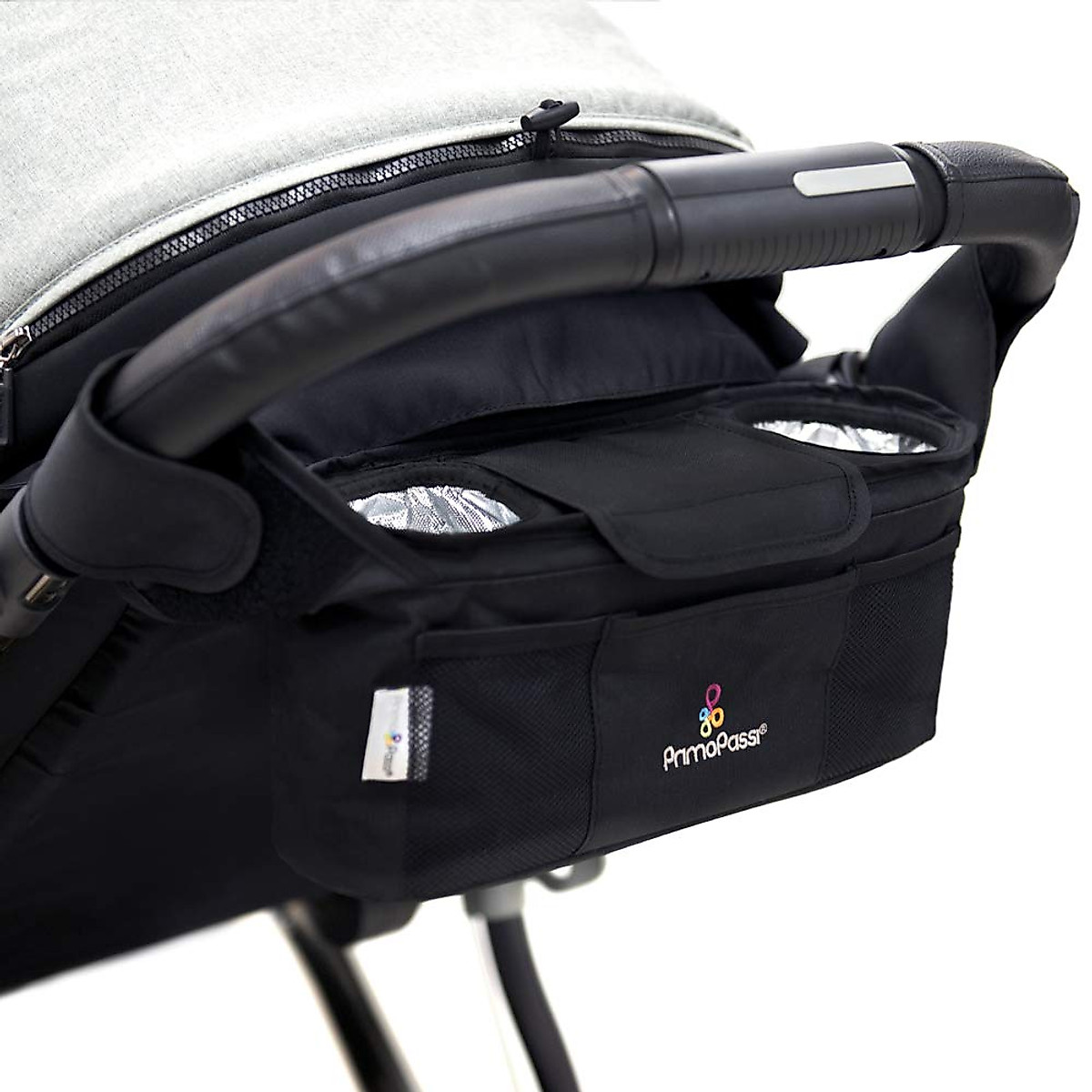 Primo Passi Stroller Organizer - Fits Most Strollers and Includes Two Deep Insulated Cup Holders to Keep Bottles Warm and Drinks Cold