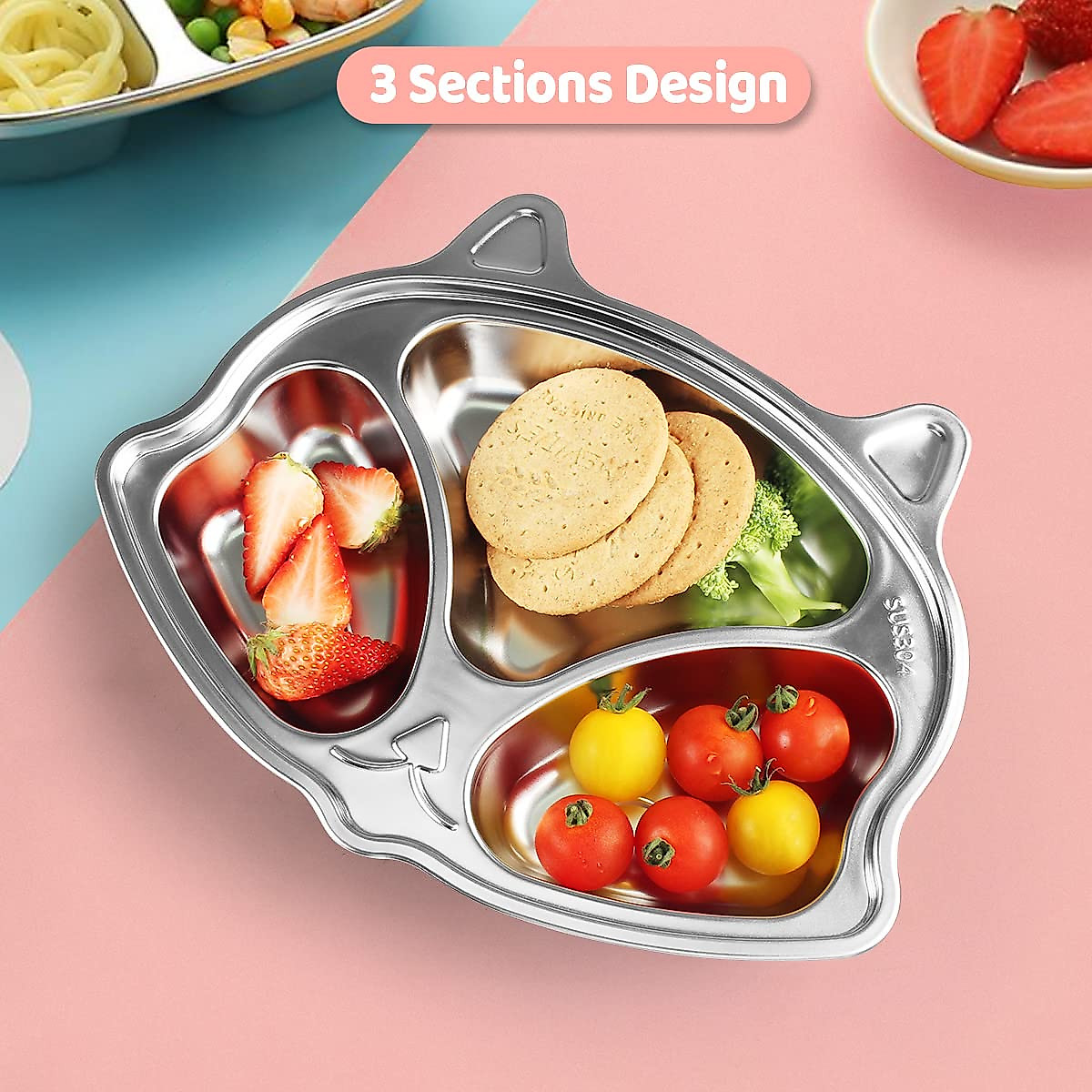 HOLIPOT 304 Stainless Steel Divided Plates, Food-Grade Toddlers Babies Kids Tray, 1300 Ml Toddler Plates with Suction, Self Feeding Training Kids Plates,Fits for Most High chairs Trays (Fox)