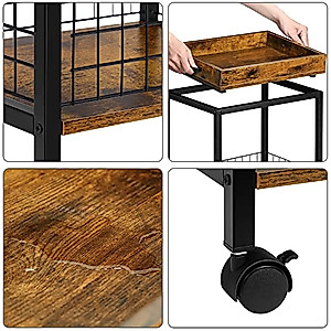 Fogein Side Table with Wheels,End Table with Removable Serving Tray, Industrial Retro Side Table Nightstand Storage Shelf, for Sofa Kitchen Living Room and Bedroom(Rustic Brown)