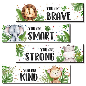 UBLURO 4 Pieces Jungle Animals Wall Art Decors - Motivational Wall Art，Jungle Animals Wooden Hanging Wall Prints Plaques，Jungle Animals Room Decor for Boys Room