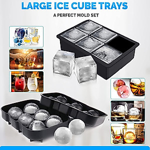 Set of 2 Round and Square Silicone Ice Cube Tray with Lid - Silicone Trays for Freezer, Ball & Square Ice Cube Mold for Cocktail & Bourbon - BPA Free