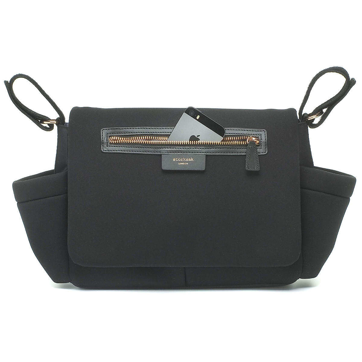 Black Travel Stroller Organizer and Hanging Diaper Bag by Storksak | Universal Fit, Large Storage Capacity, Baby Caddy with Elastic Cup Holder and Integrated Accessories