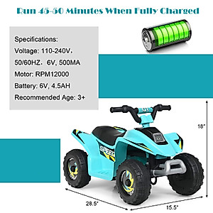 HONEY JOY Ride On ATV, 6V Mini Off-Road Battery Powered Motorized Quad for Kids, 2 Speeds, Anti-Slip Wheels, RWD 4-Wheeler Electric Ride On Toy Car for Toddlers (Blue)