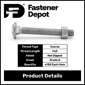 1/4"-20 x 3-1/2" Hot Dipped Galvanized Carriage Bolt w/Nuts, Grade A, Full Thread, Quantity 100 - by Fastener Depot, LLC