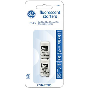 GE FS-25 Fluorescent Starters for 18W, 20W, 22W & 25W Lamps, 2-Pack
