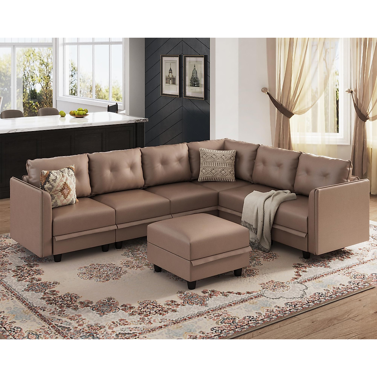 LLappuil Modular Sectional Sofa, Convertible L Shaped Sectional Couch with Storage, Faux Leather Fabric, Modular Sectionals with Chaise, 7 Seats Sofas for Living Room, Cognac Brown