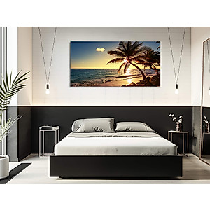 Muolunna S04975 Wall Art Decor Large Canvas Print Picture Sunset Ocean Beach Waves 1 Panel Coconut tree Scenery Painting Artwork for Office Home Decoration Stretched and Framed Ready to Hang XLarge