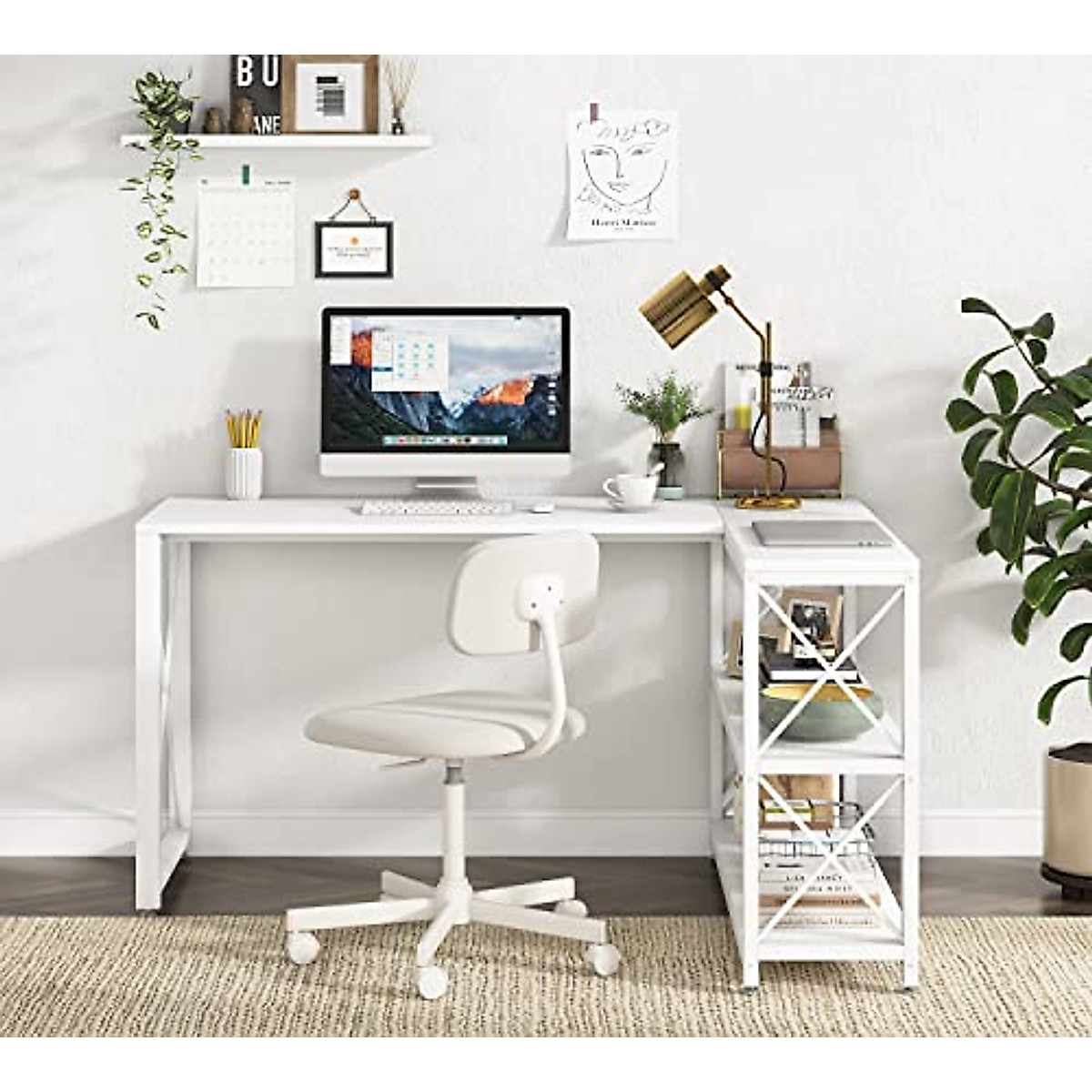 Tribesigns Reversible Industrial L-Shaped Desk with Storage Shelves, Corner Computer Desk PC Laptop Study Table Workstation for Home Office Small Space (White, 53")