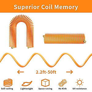 BESITER Coil Hose 50 ft, EVA Recoil Garden Hose Brass Connector, Coiled Watering Hose, Lightweight Flexible hoses, and Includes 10 Patterns Spray Nozzle for Outdoors Lawn Watering, Car Washing Orange