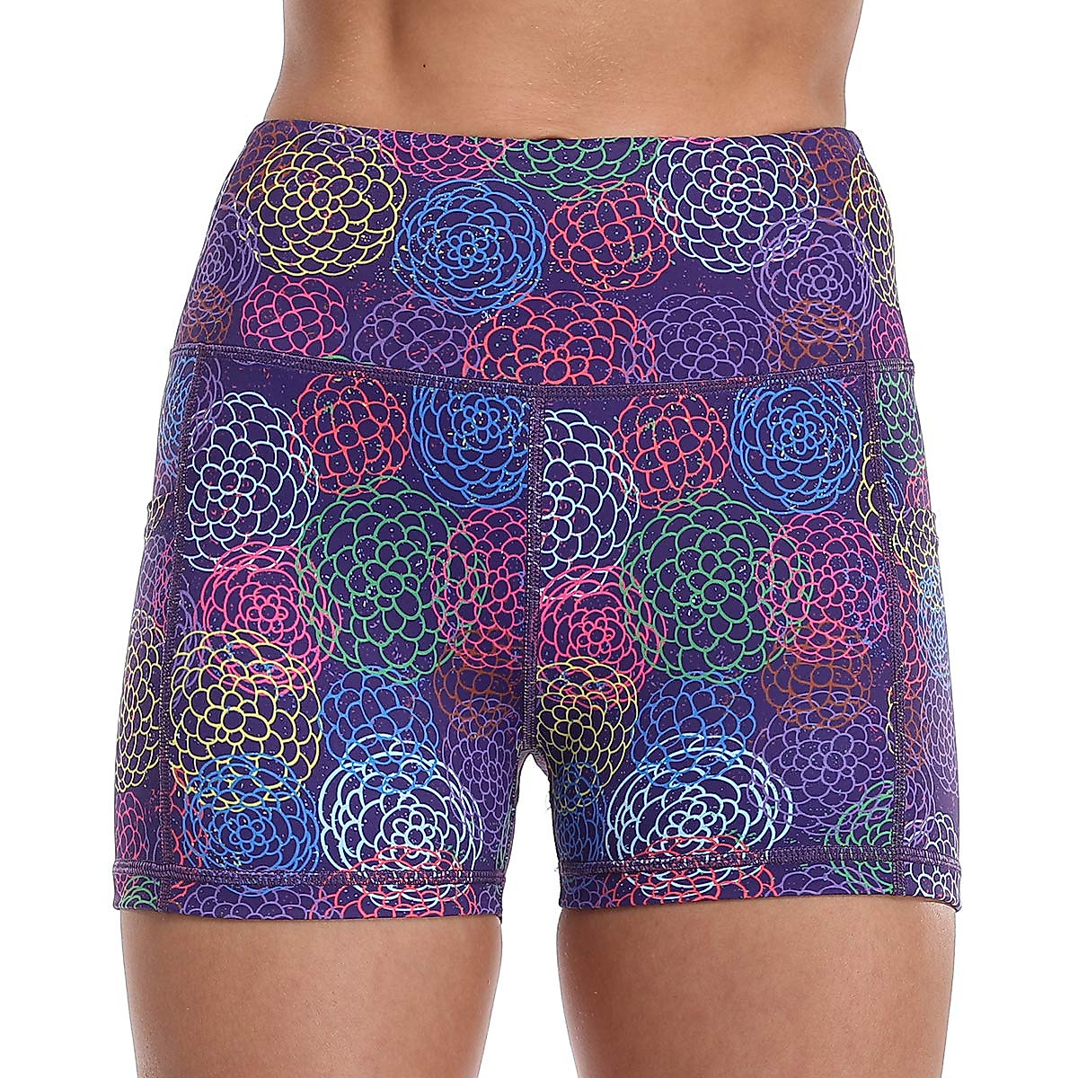 Amazon Essentials Workout Volleyball Yoga Print Short Pockets High Waist Exercise Running Gym Shorts for Women 3" Purple Circle Flower-M