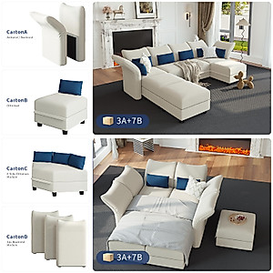 LLappuil Velvet Modular Sectional Sofa L Shaped Corner Couch with Storage Chaise, 127.8" 7-Seater Oversized Sofa with Ottoman, High Back Recliner Sleeper Couches, Anti-Scratch White