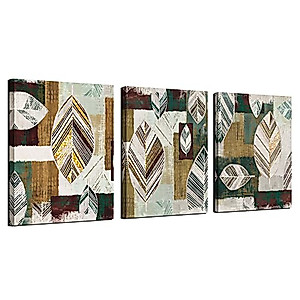 Arjun Boho Wall Art Leaf Pictures Leaves Canvas Abstract Geometry Paintings Yellow Brown Colorful Artwork Framed for Living Room Bathroom Bedroom Kitchen Dinning Room Home Wall Decor 12"x16"x3 Panels