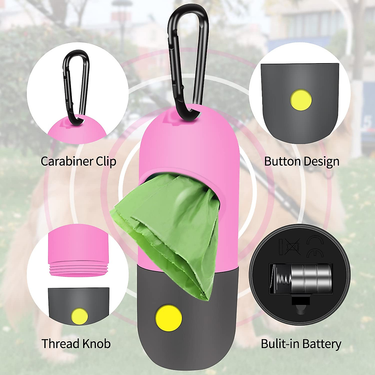 2 Pack Dog Poop Bag Dispenser with Built-in LED Flashlight, Pet Waste Bag Holder for Leash with Carabiner Clip for Lead Leash, 2 Rolls Leak-proof Doggy Waste Bags for Dog Walking, Pink, Eliamo