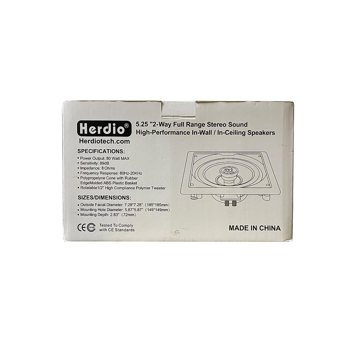 Herdio 5.25 Inch Passive Ceiling Speakers Pair, 160W 2-Way in Wall Speaker, Square Flush Mount Speakers for Home Theater, Living Room, Office