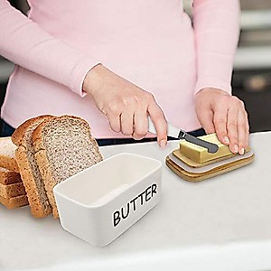 Porcelain Butter Dish with Bamboo Lid and Knife Airtight Silicone Sealing Butter Container is Good for Kitchen, Baking and Gift