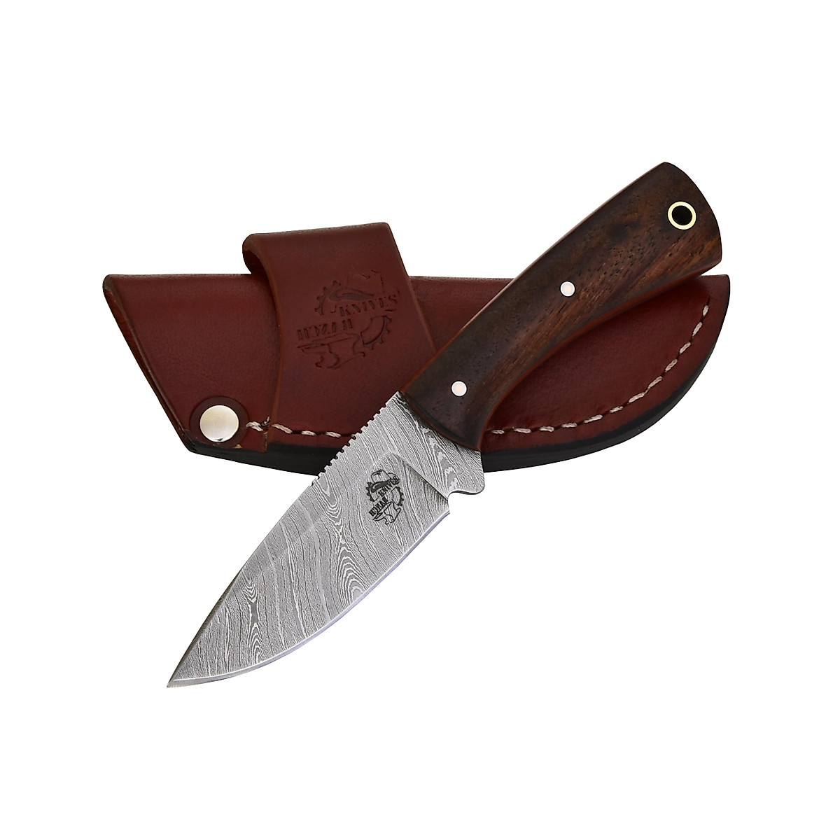 Knives Ranch Fixed Blade EDC Knife with Horizontal Carry Sheath – Small Hunting Knife – Damascus Skinning Knife – Cowboy Knife with Leather Sheath Stabilized Rosewood Handle (4402-IRW)