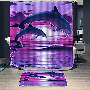 GUDAGUU 4 Piece Dolphin Shower Curtain for Bathroom Sets,Dolphines Jump on The Ocean Bathtub Decor with Bath Rugs,U Shape Mat Toilet Seat Cover and Hooks , 71 Inch Size Long Shower Curtains (Purple)