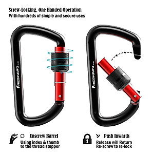 FresKaro Carabiner Clip, Locking and Small, Heavy Duty Carbineers, Key and Keychain Clips, Black Safety Aerial Karabiner 3inch, Aluminum, D-Ring, for Belt, Hammock, Weight Bearing, Hiking, Dog Crate