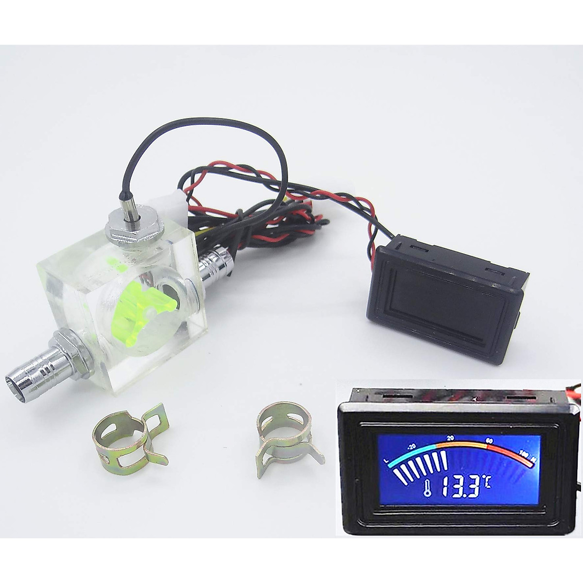 DC5V LED Thermometer 3 Way Flow Meter FlowMeter for Water Cooling Liquid Cooler System & 2 Barbs