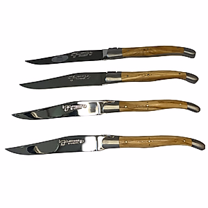 Laguiole en Aubrac Luxury Fully Forged Full Tang Stainless Steel Steak Knives 4-Piece Set with Olivewood Handle, Stainless Steel Matte Bolsters