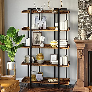 Rolanstar Bookshelf 5-Tier, 71.8’’H Industrial Book Shelf, Large Bookcases and Bookshelves with Open Shelves, Open Display Shelves with Metal Frame for Living Room Bedroom Home Office, Rustic Brown