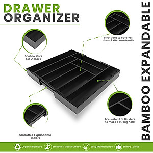 Expandable Bamboo Organizer 8 Compartment 2 Piece Set - Bamboo Drawer Dividers Organizer - Adjustable Drawer Holder for Kitchen, Silverware, Flatware, Living Room and Utensils (Black and Natural)