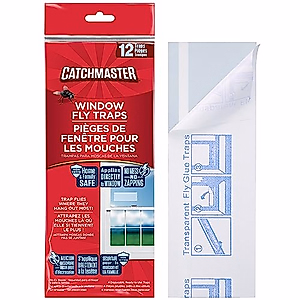 Window Fly Traps by Catchmaster - 12 Count, Ready to Use Indoors. Insect, Bugs, Fly & Fruit Fly Glue Adhesive Sticky Paper - Waterproof Easy Application Ready Disposable Non-Toxic